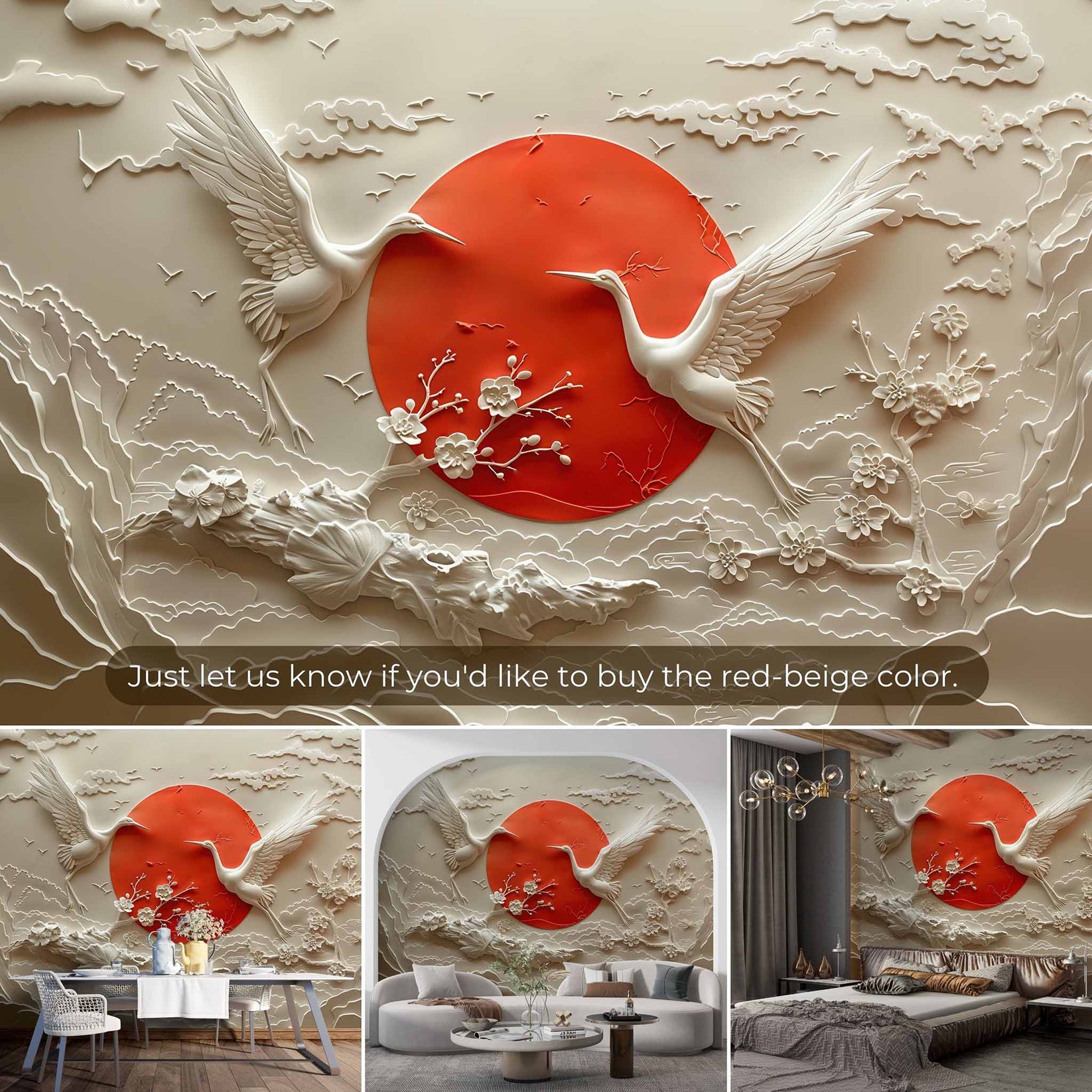 Relief Crane Wallpaper | Birds Embossed Wallpaper