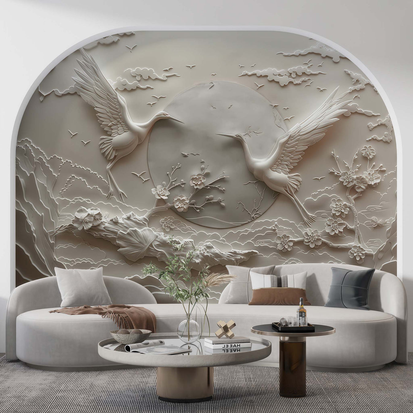 Relief Crane Wallpaper | Birds Embossed Wallpaper