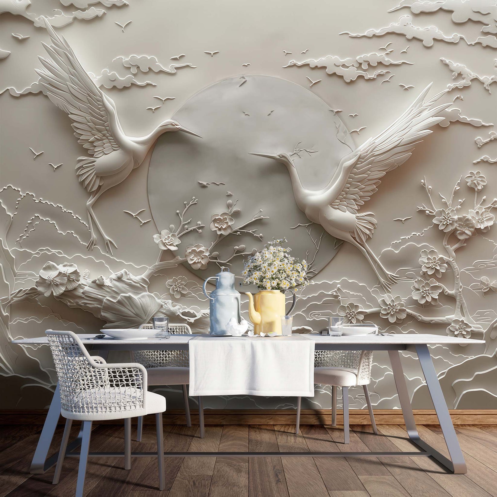 Relief Crane Wallpaper | Birds Embossed Wallpaper