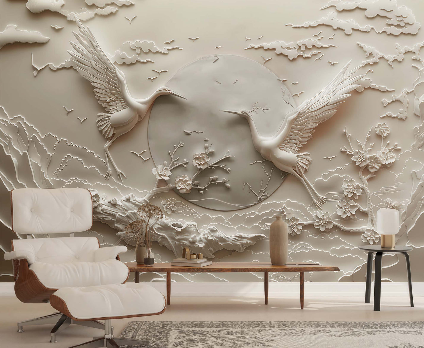 Relief Crane Wallpaper | Birds Embossed Wallpaper