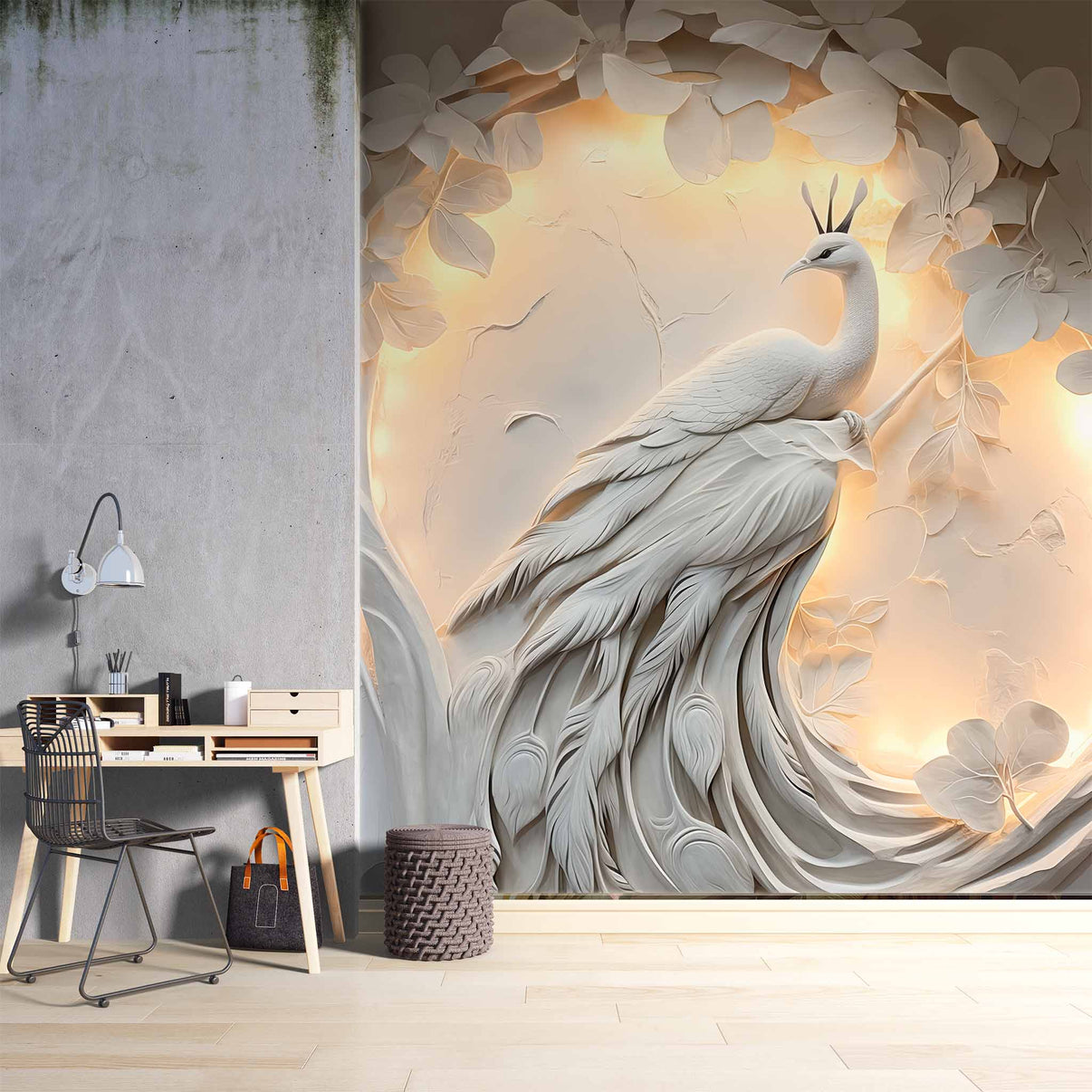 Relief Crane Wallpaper | Birds Embossed Wallpaper