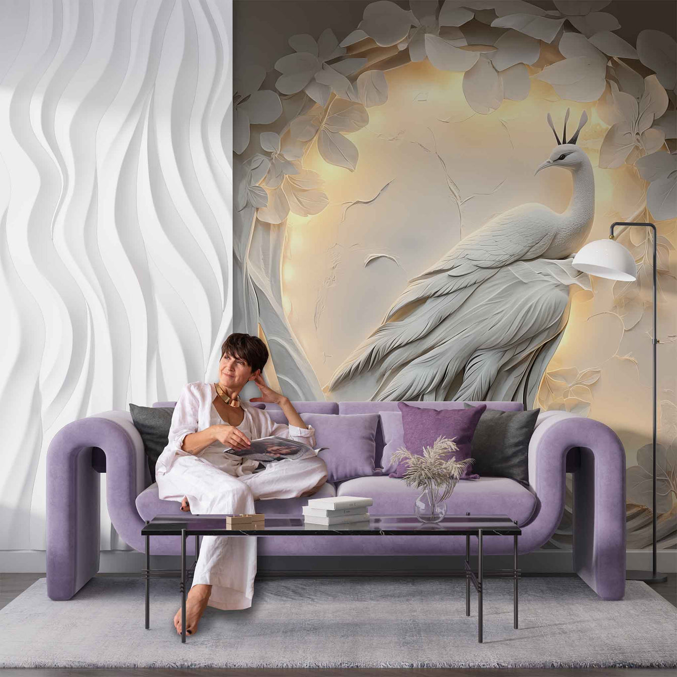 Relief Crane Wallpaper | Birds Embossed Wallpaper