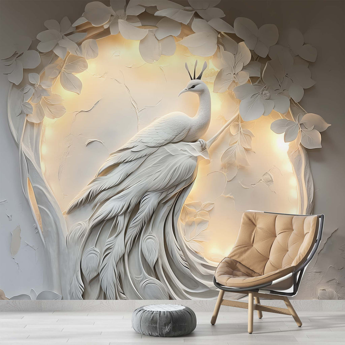 Relief Crane Wallpaper | Birds Embossed Wallpaper