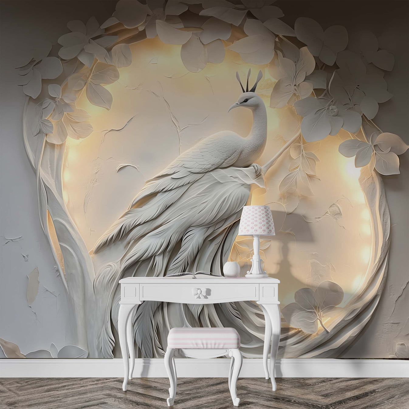 Relief Crane Wallpaper | Birds Embossed Wallpaper