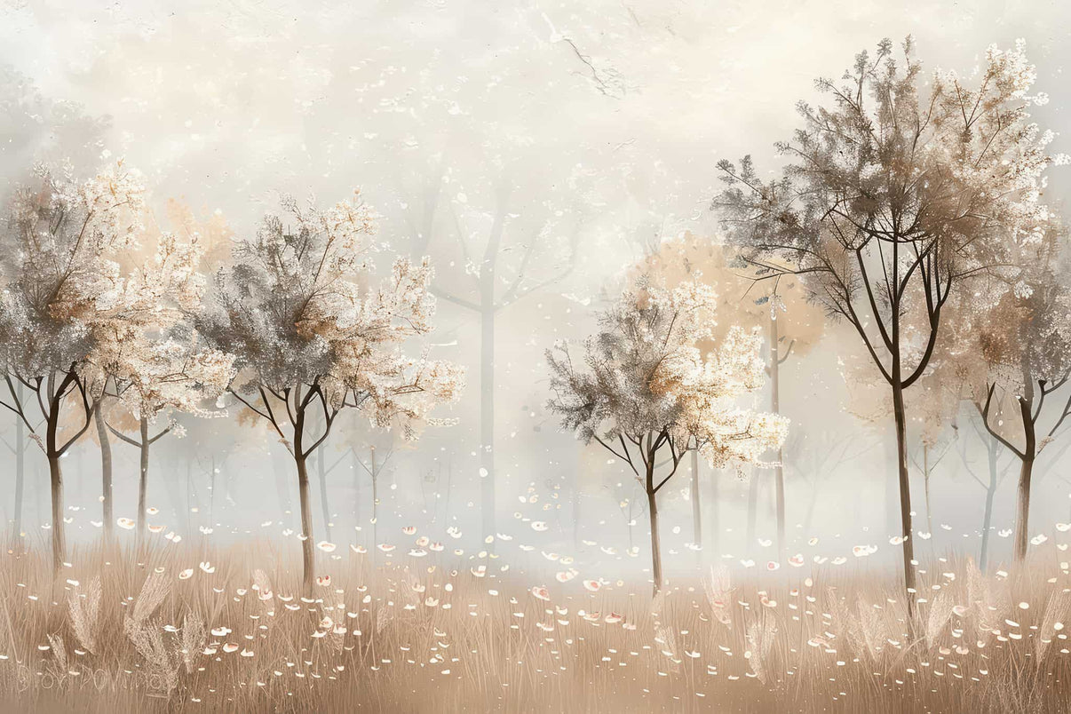 Soft Beige Watercolor Forest Wallpaper, Minimalist Mural