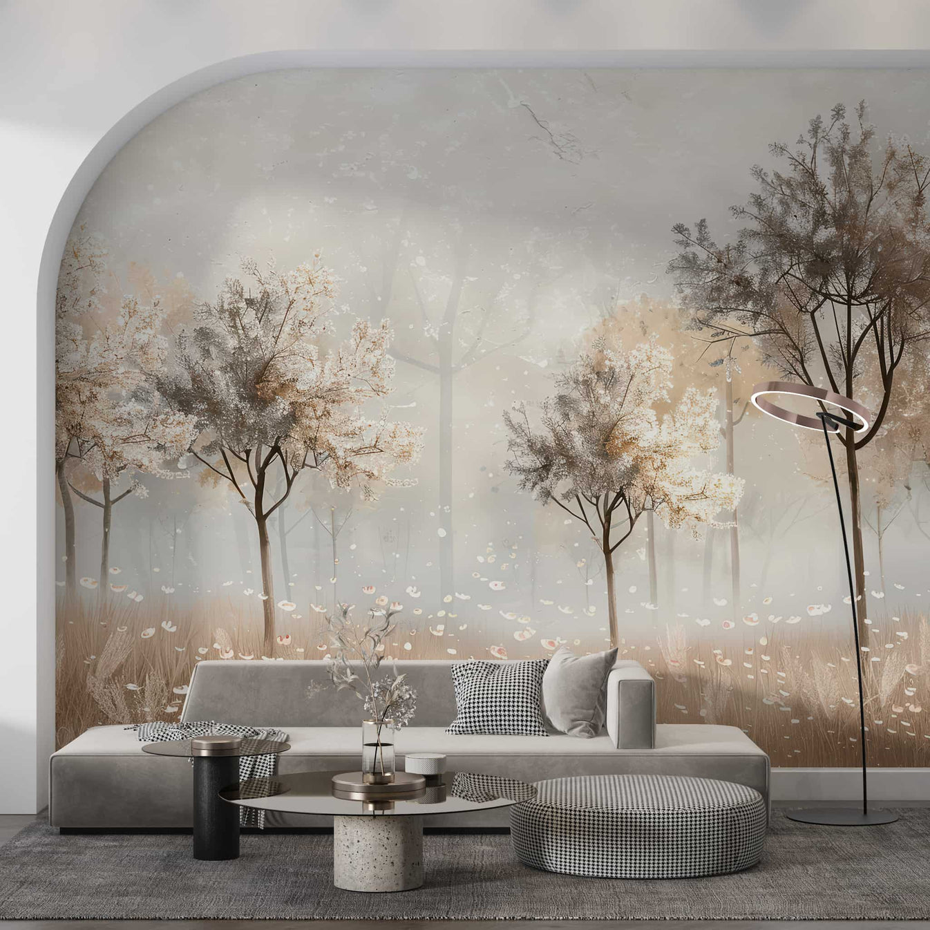 Soft Beige Watercolor Forest Wallpaper, Minimalist Mural