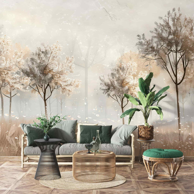 Soft Beige Watercolor Forest Wallpaper, Minimalist Mural