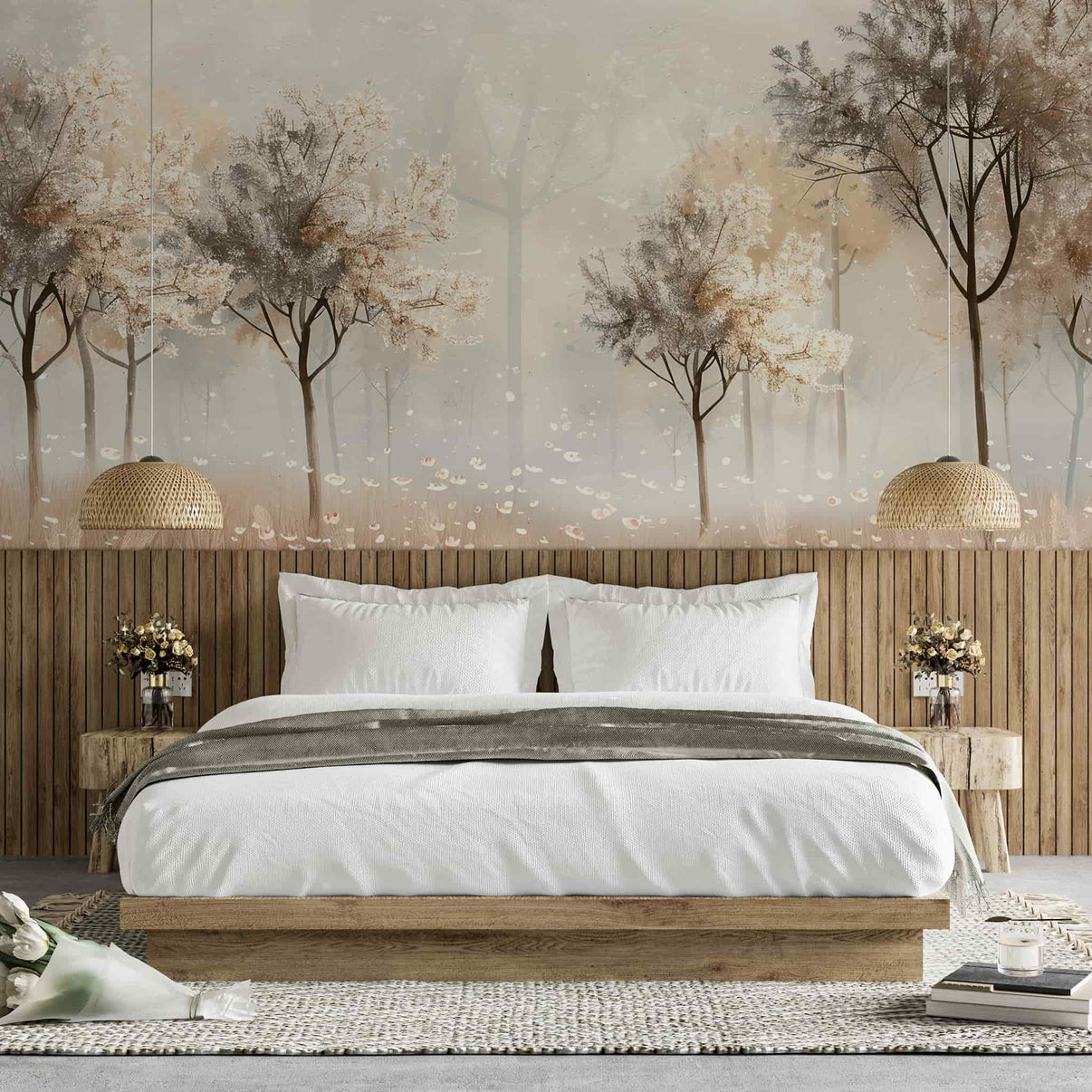 Soft Beige Watercolor Forest Wallpaper, Minimalist Mural