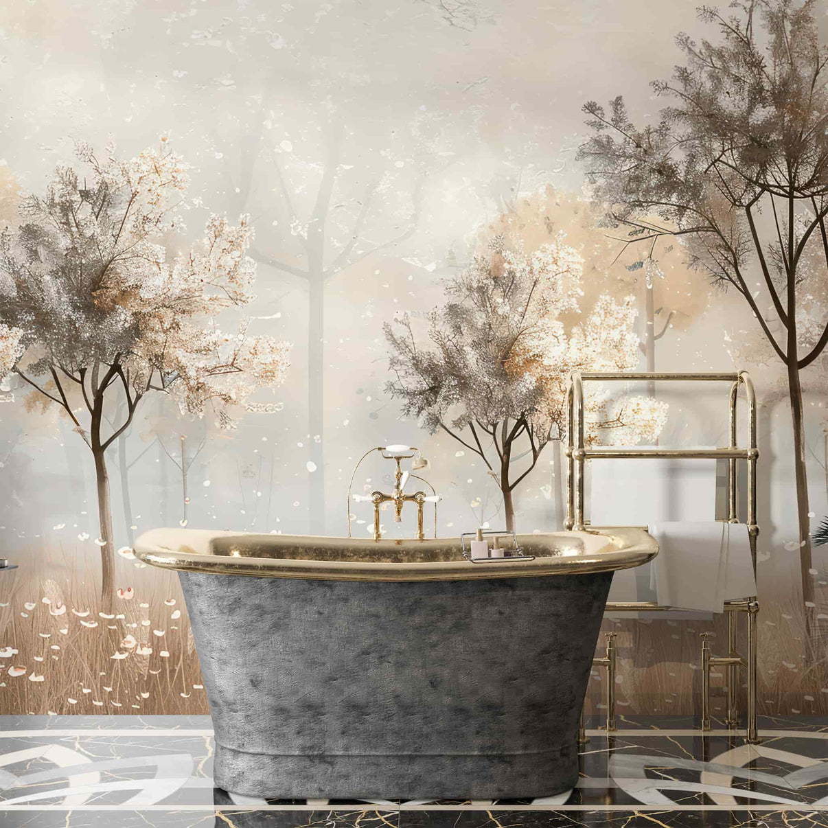 Soft Beige Watercolor Forest Wallpaper, Minimalist Mural